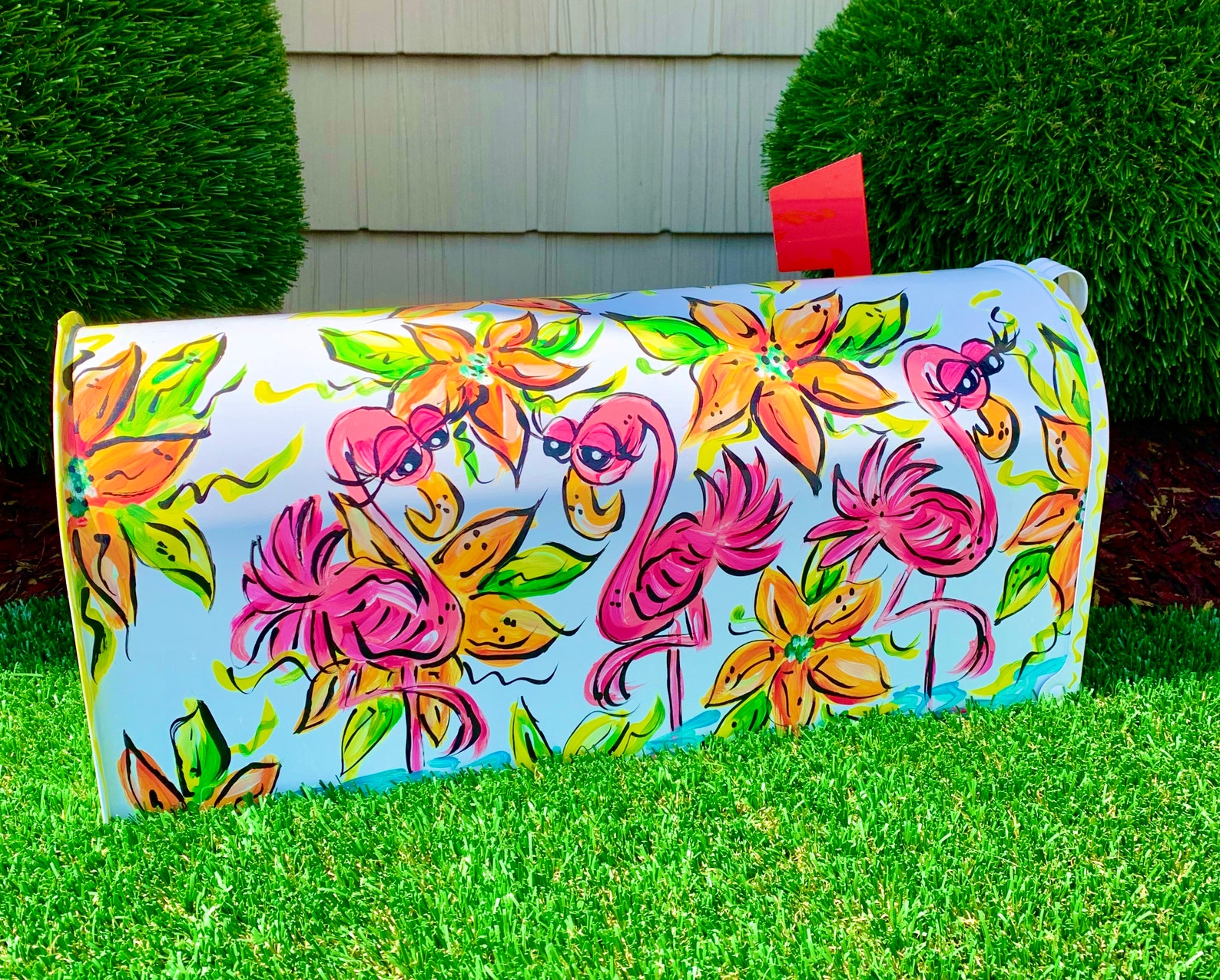 Floral Flamingo Whimsical Mailbox Hand Painted Mailbox - Etsy