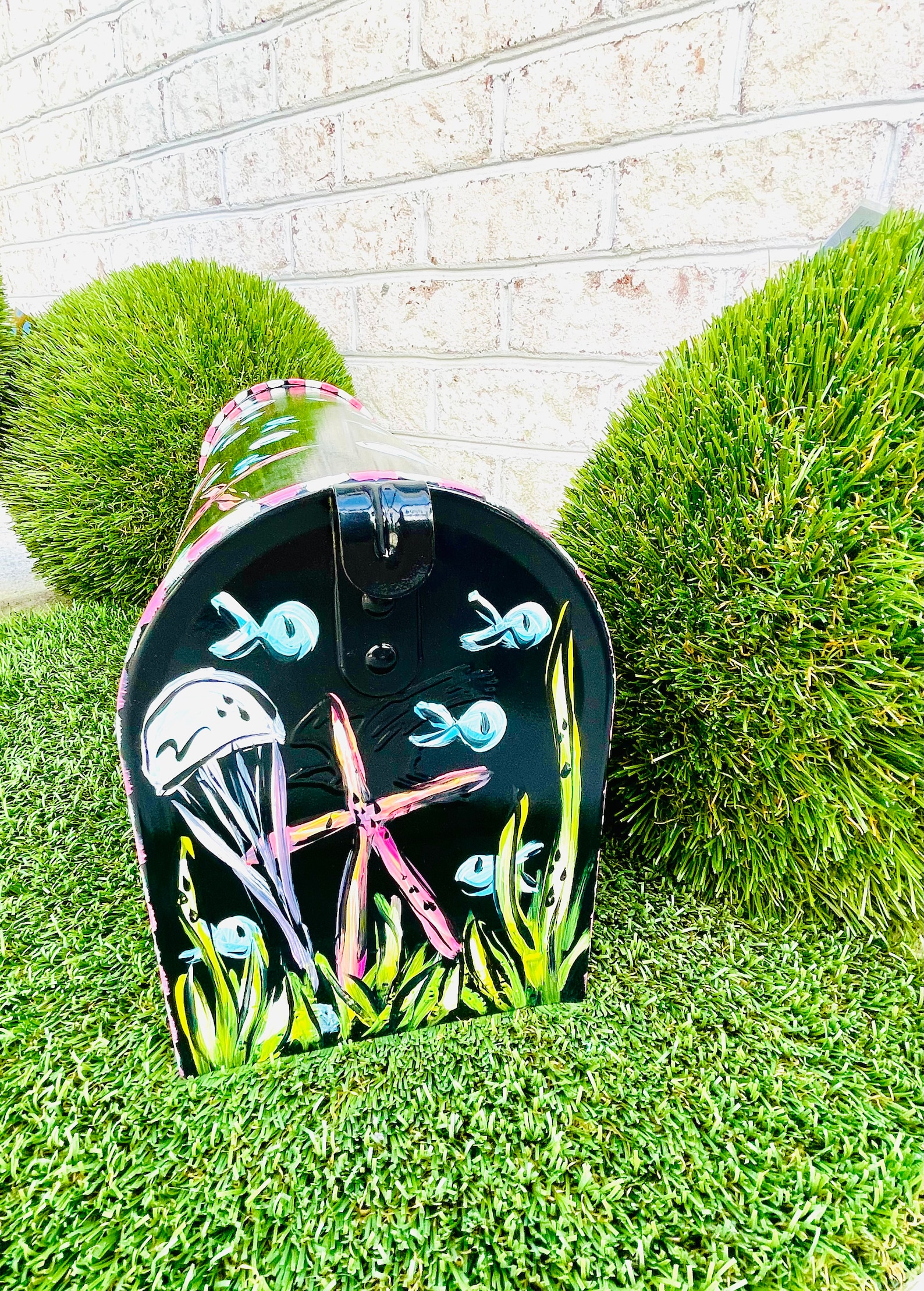Fish Sea Life Whimsical Mailbox, Black Background, Hand Painted Mailbox ...