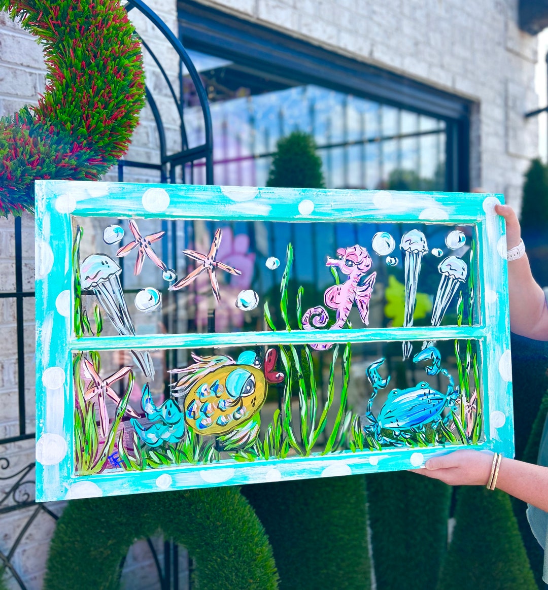 Hand Painted Window, Glass Window, Old Window, Hand Painted Whimsical ...
