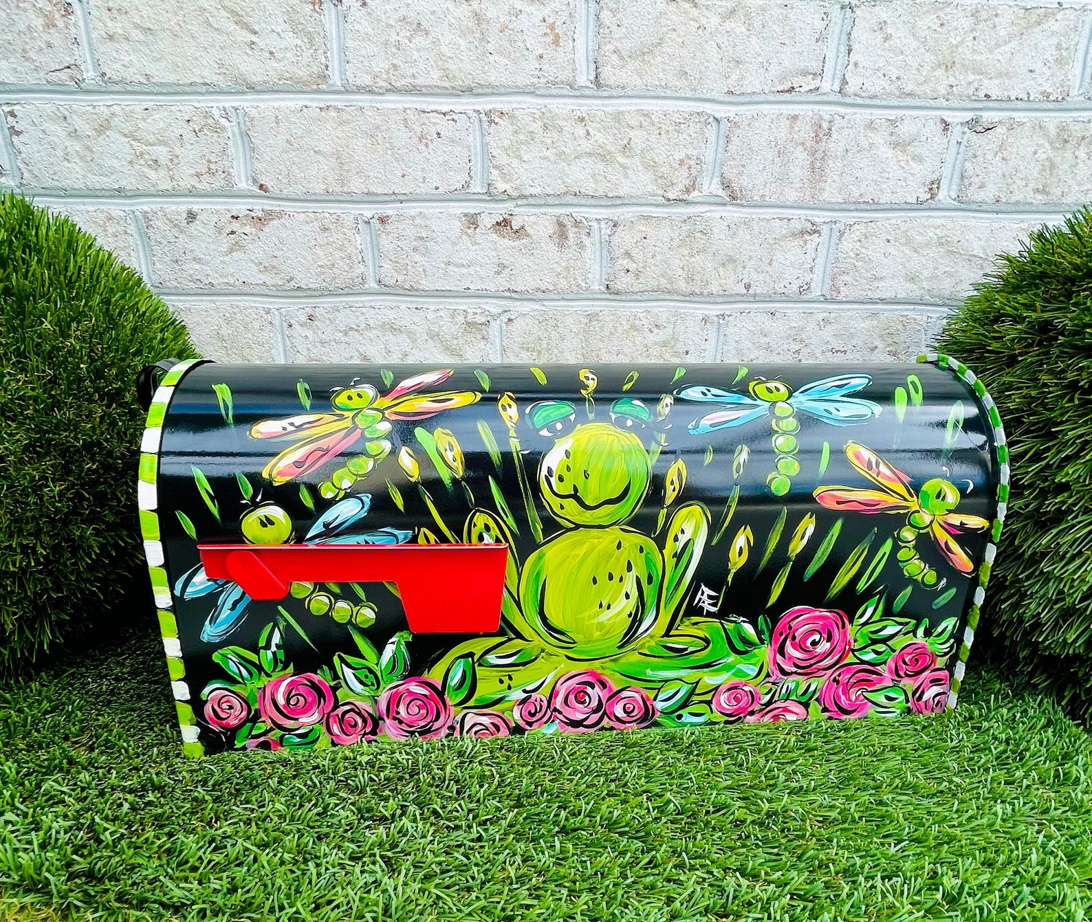 Floral Frog Whimsical Mailbox, Black Background, Hand Painted Mailbox ...