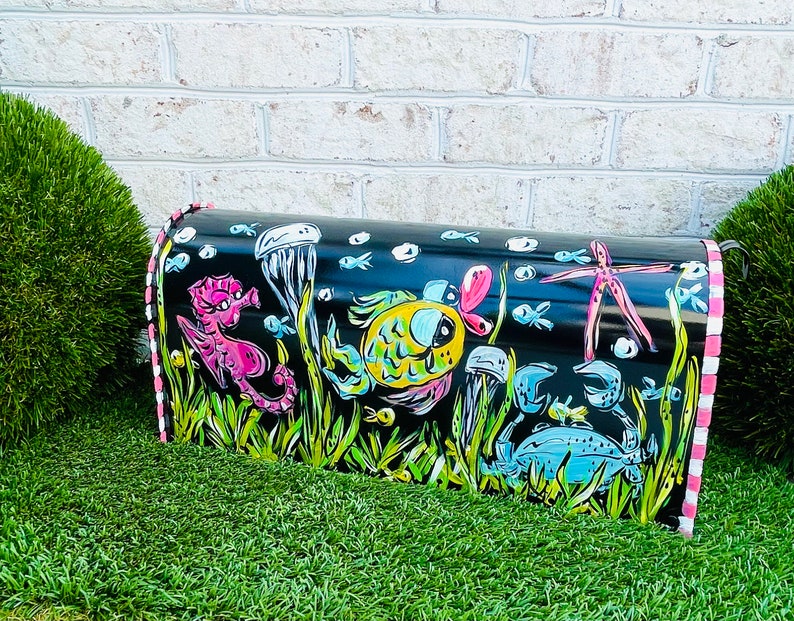 Fish Sea Life Whimsical Mailbox, Black Background, Hand Painted Mailbox ...