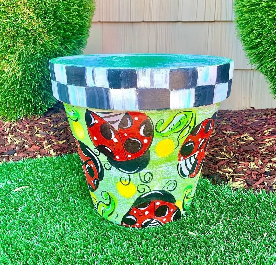 Ladybug - 4, 6, 8, 10" Flowerpot, Hand Painted Pot, Colorful Terracotta ...