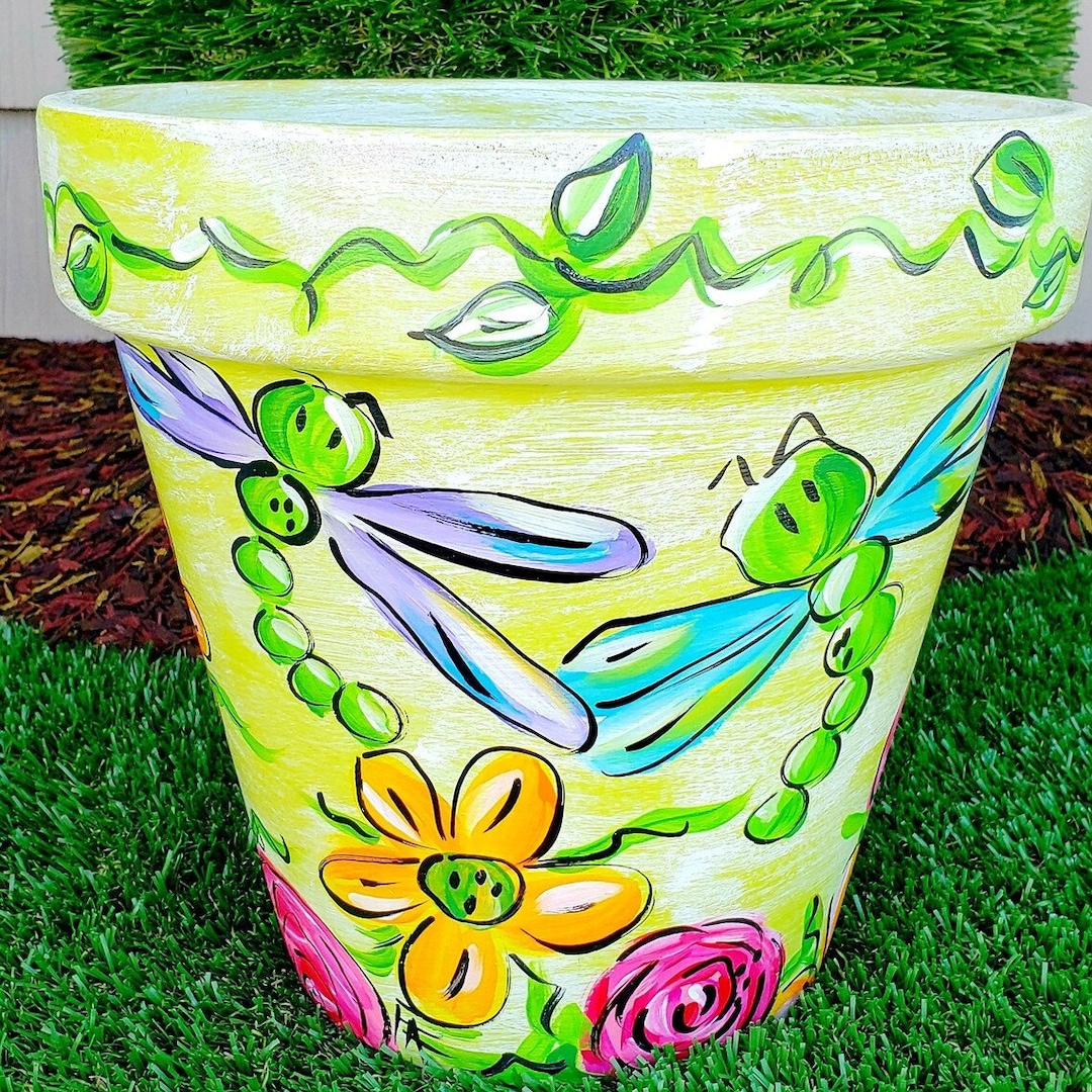 Floral Dragonfly - 4, 6, 8, 10" Flowerpot, Hand Painted Pot, Colorful ...