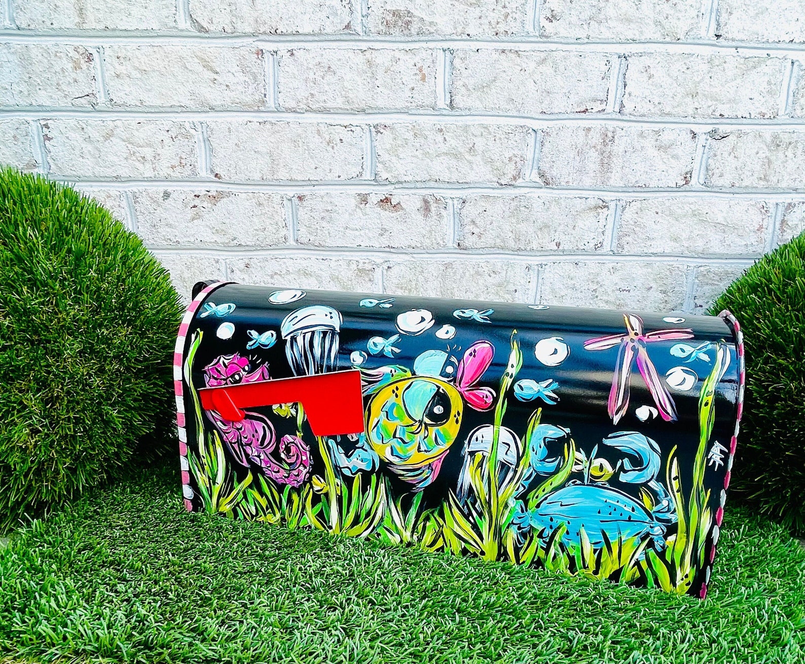Fish Sea Life Whimsical Mailbox, Black Background, Hand Painted Mailbox ...