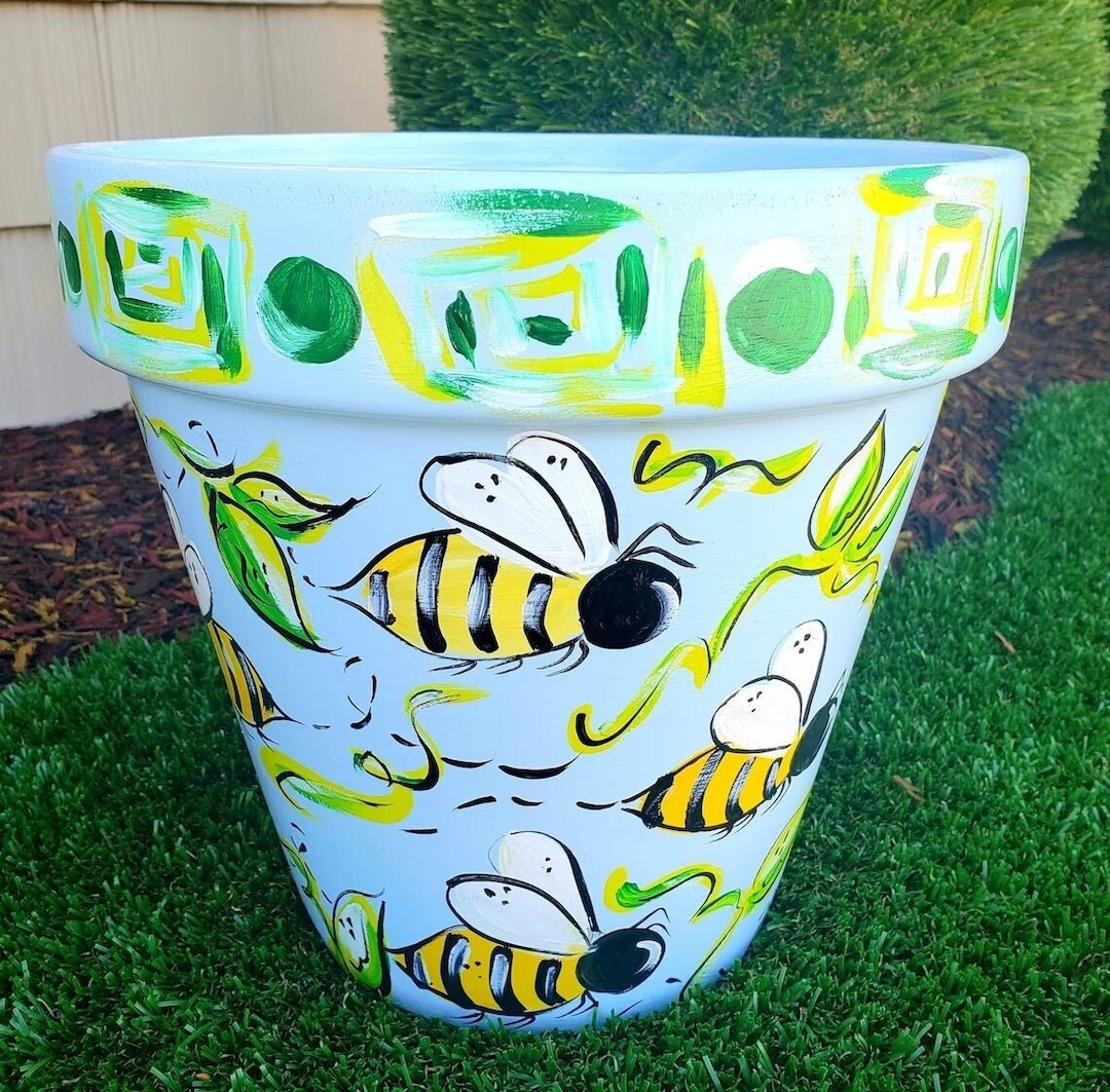 Bumble Bee - 4, 6, 8, 10" Flowerpot, Hand Painted Pot, Colorful ...