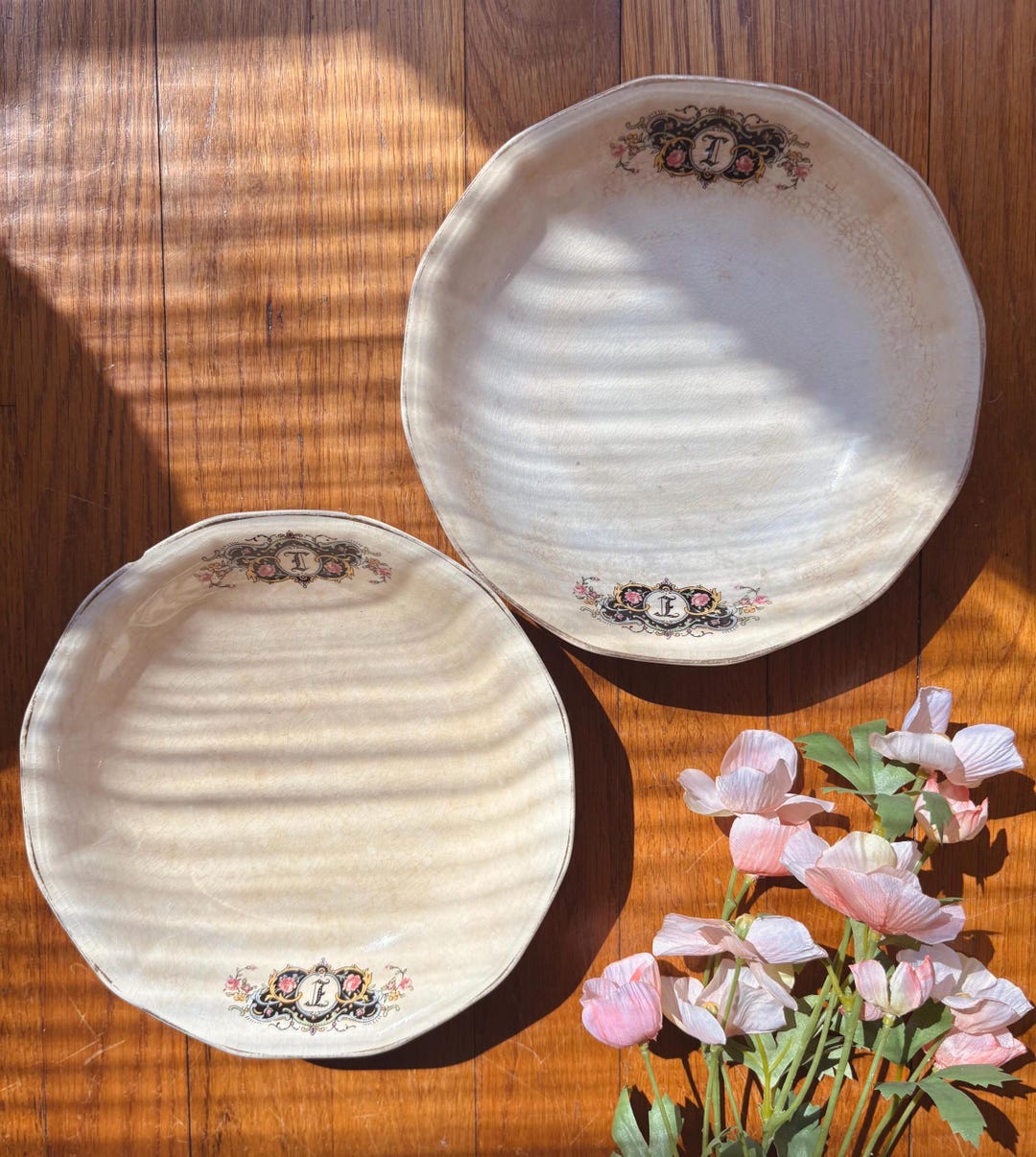 Vintage Chippy, Crazed, Stained Bowls | Set of 2 | Cream, White, Pink ...