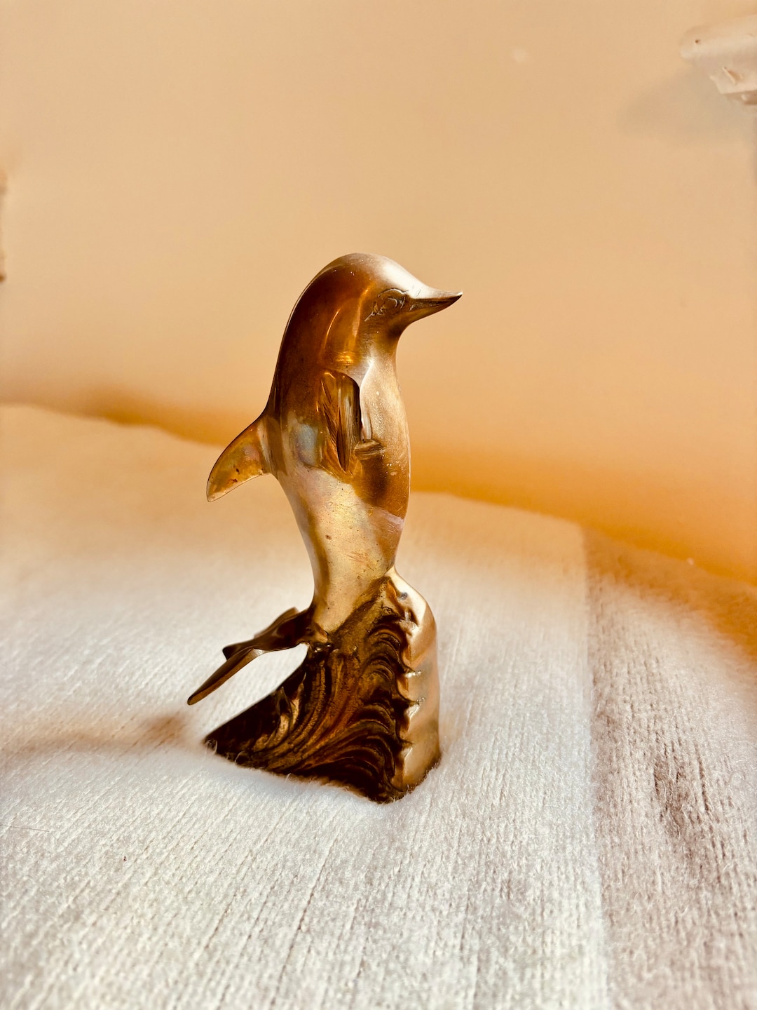 Vintage Brass Dolphin, Upright, Water at Base / Patina Visible / Beach ...