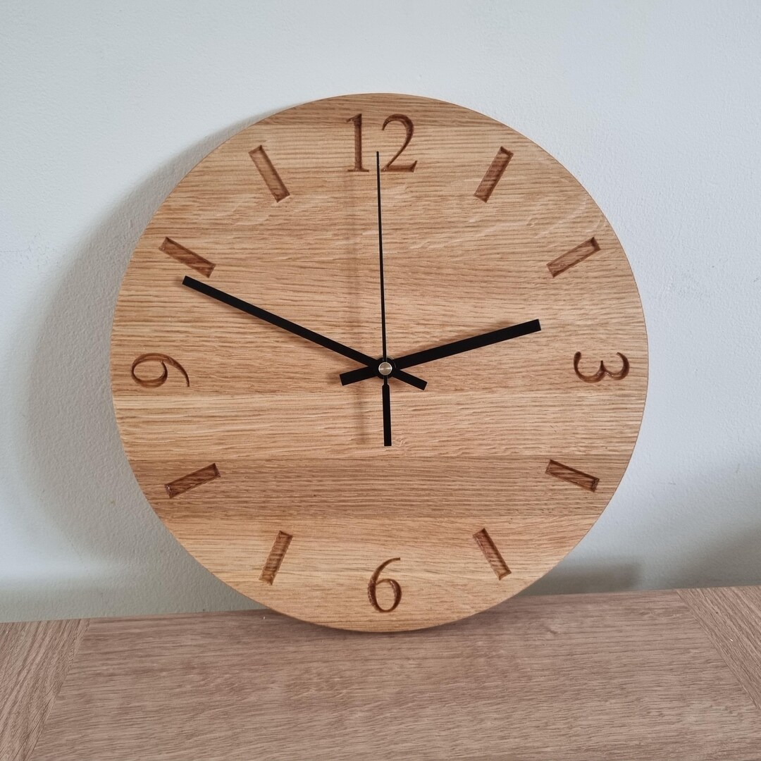 Personalised Minimalist Wall Clock – 12-3-6-9 Wooden Clock in Oak or ...