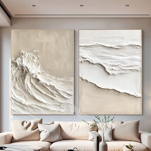 Abstract Beige Ocean Wave Wall Art,set of 2 Beige 3D Textured Painting ...