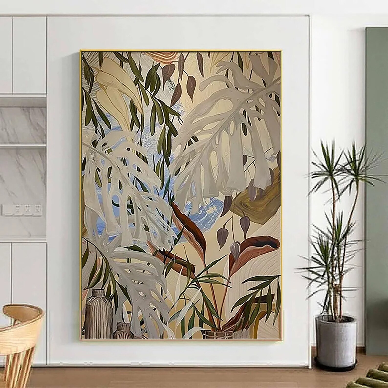 Botanical Abstract Painting Beige Green Abstract Painting Large Leaves ...