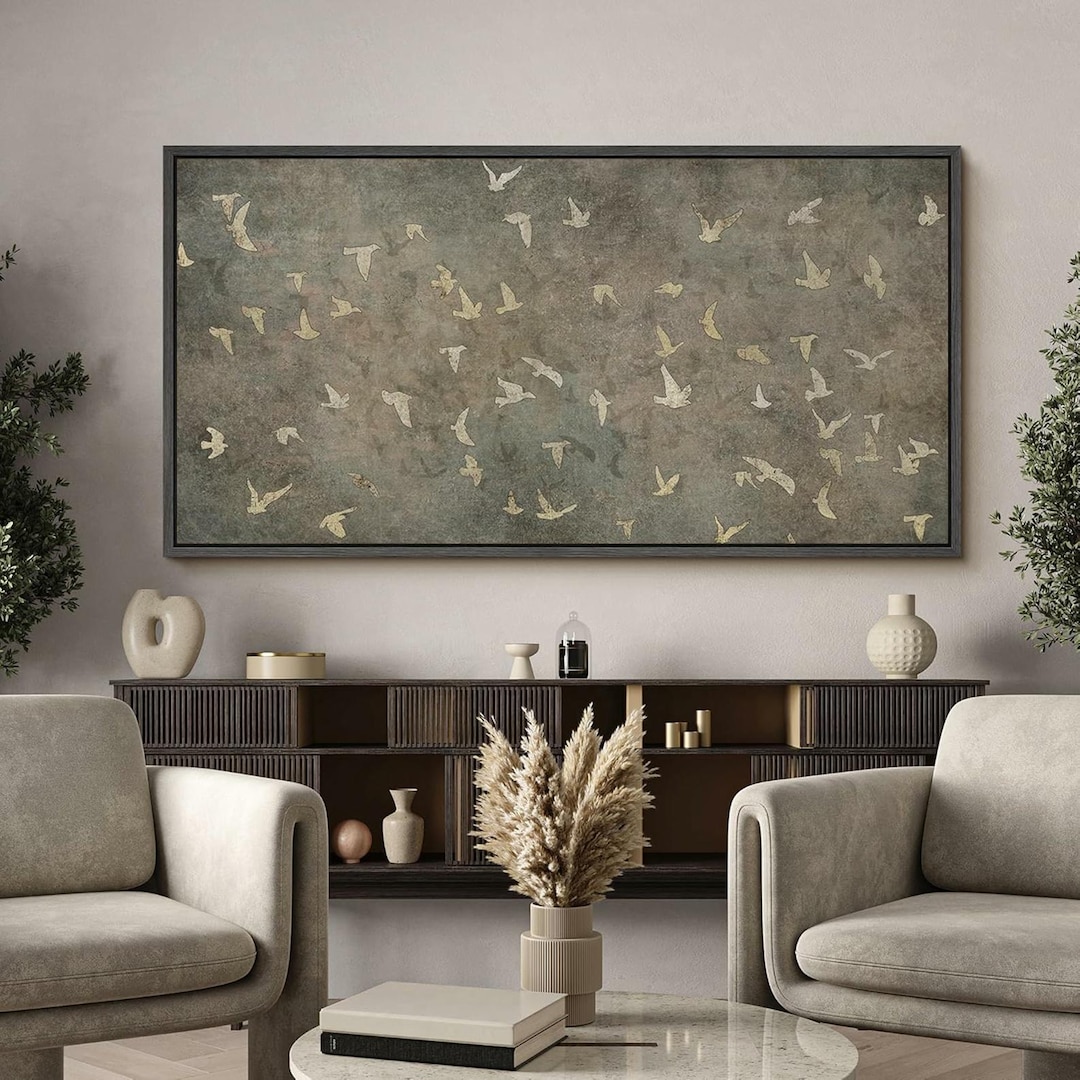 Hand-painted Flying Birds Canvas Art, Large Horizontal Neutral Abstract ...