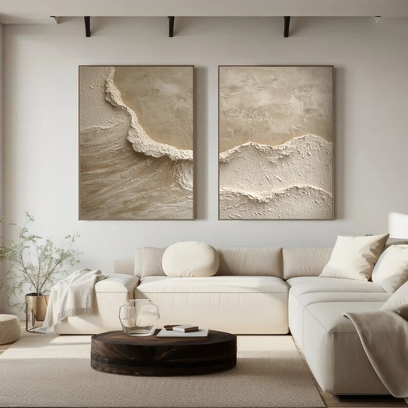 Set of 2 Textured Wall Painting a Pair Beige Heavy Textured Wall Art 3D ...
