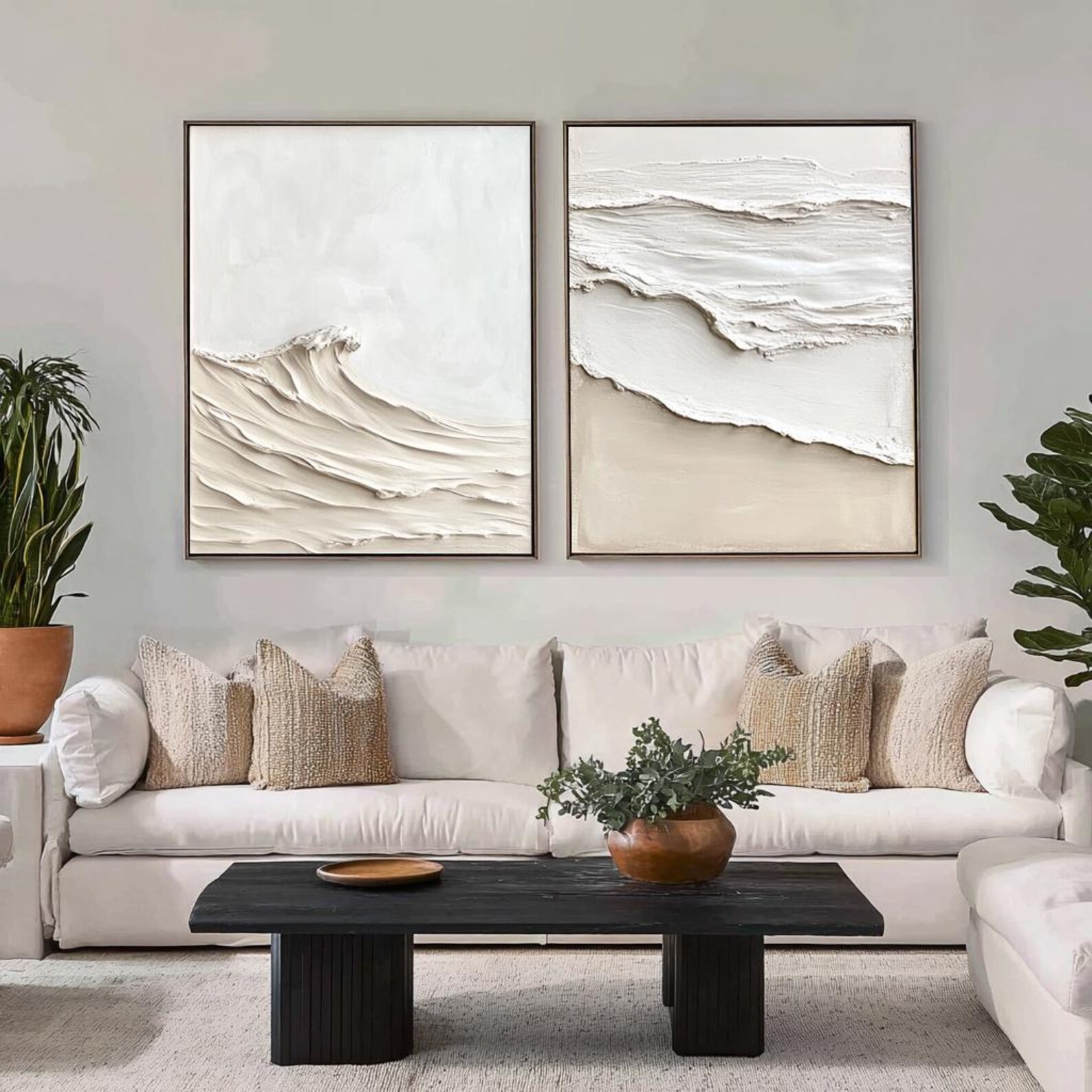 Beige Ocean Waves 3D Textured Painting on Canvas - Wabi Sabi Wall Art ...