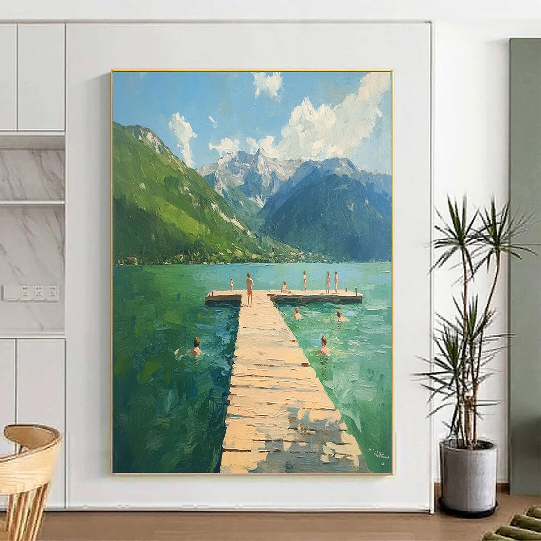 Green Abstract Landscape Painting, Lake Canvas Art, Vintage Landscape ...