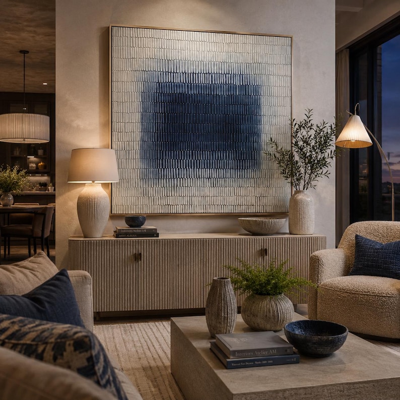 Hand Painted Blue 3D Textured Wall Art, Navy Abstract Canvas Painting ...