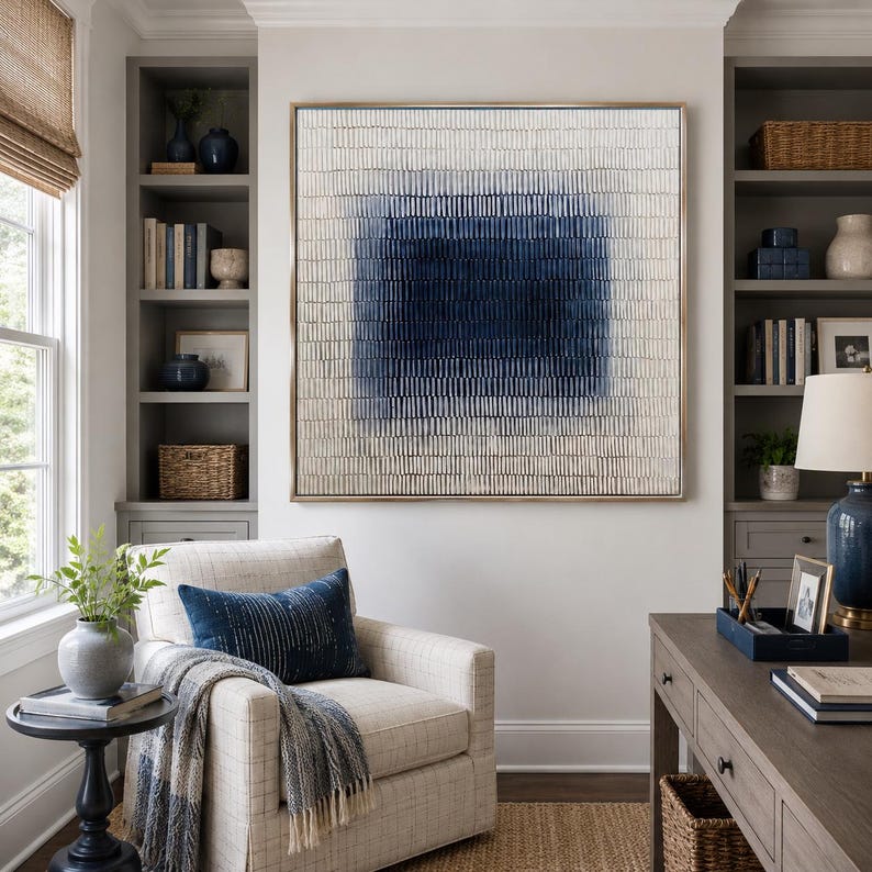 Hand Painted Blue 3D Textured Wall Art, Navy Abstract Canvas Painting ...
