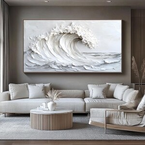 Ocean Waves Abstract Wall Art, Beige White Grey Textured Painting on Canvas, Modern Minimalist ...