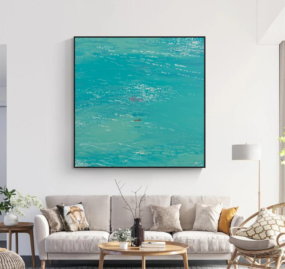 Hand-painted Ocean Art, Tranquil Turquoise Sea Painting, Swimmers in ...