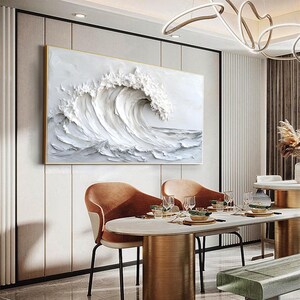 Ocean Waves Abstract Wall Art, Beige White Grey Textured Painting on Canvas, Modern Minimalist ...