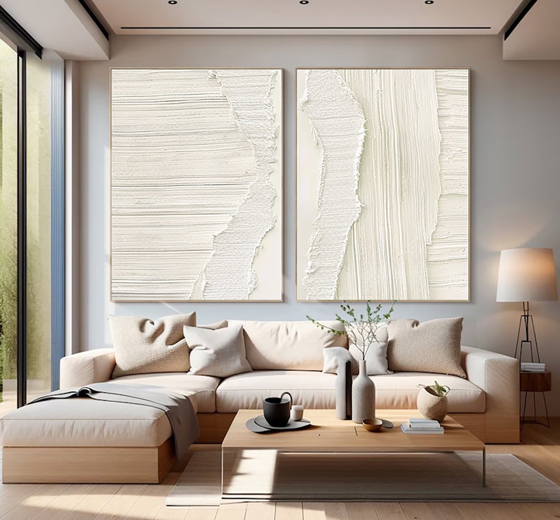 Set of 2 White Textured Art Minimalist White Textured Wall Art 3D Large ...