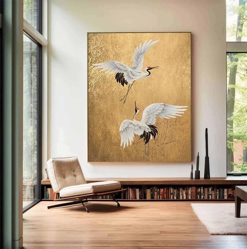 Flying Cranes Painting: Beige Textured Wall Art, Chinese Style - Etsy ...