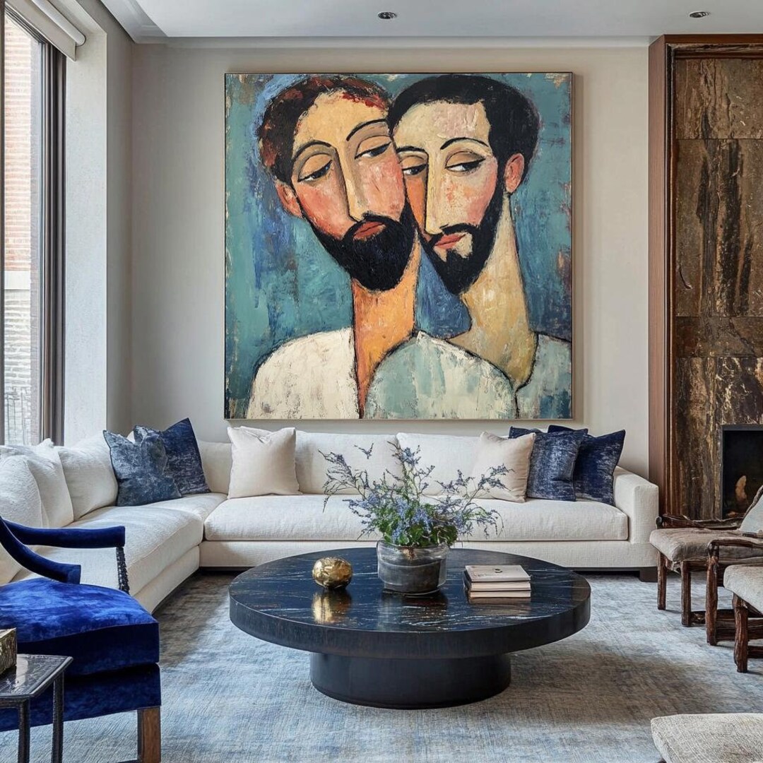 Amedeo Modigliani Style Figurative Art, Vintage Gay Couple Painting ...