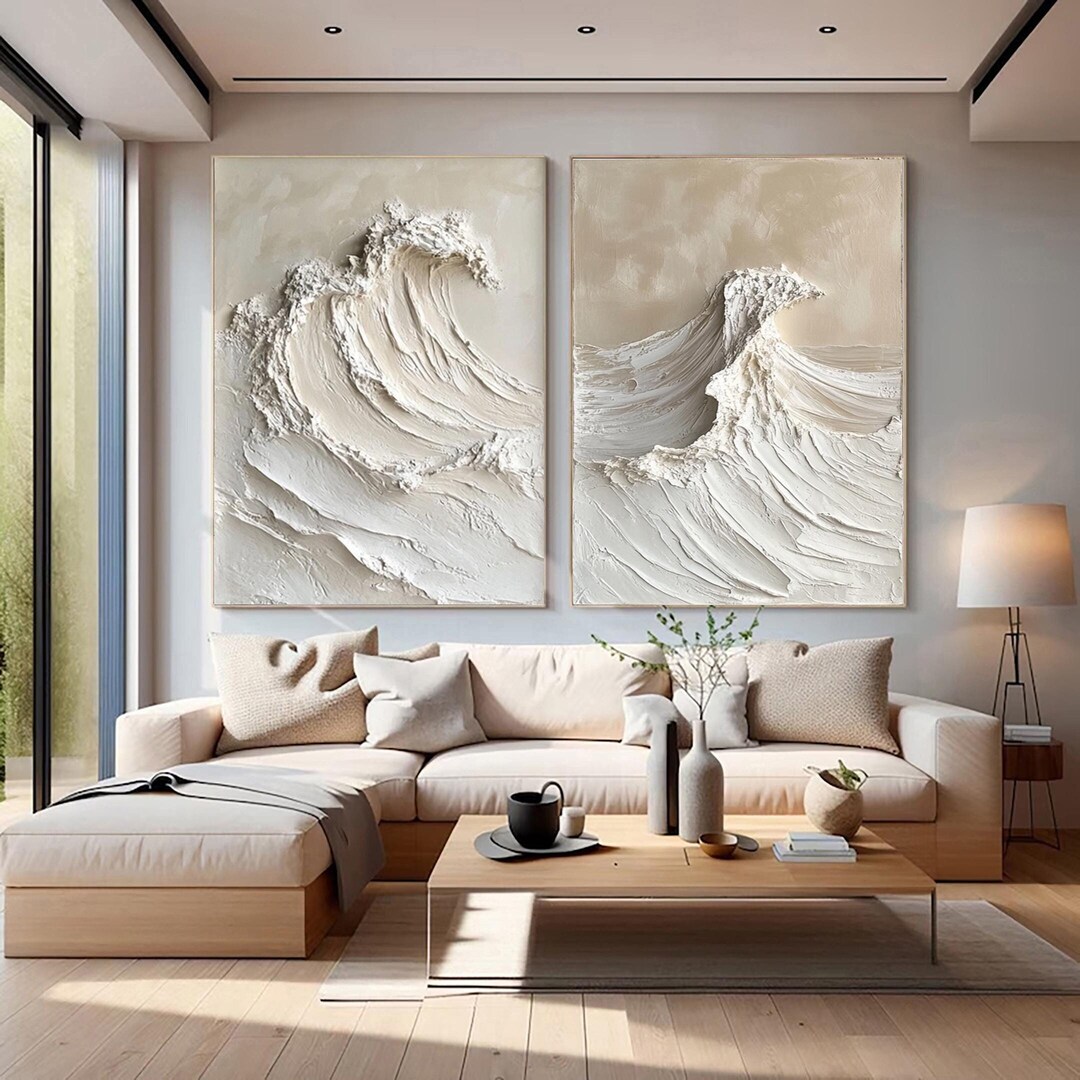 Abstract Beige Ocean Waves Wall Art,set of 2 Beige 3D Textured Painting ...