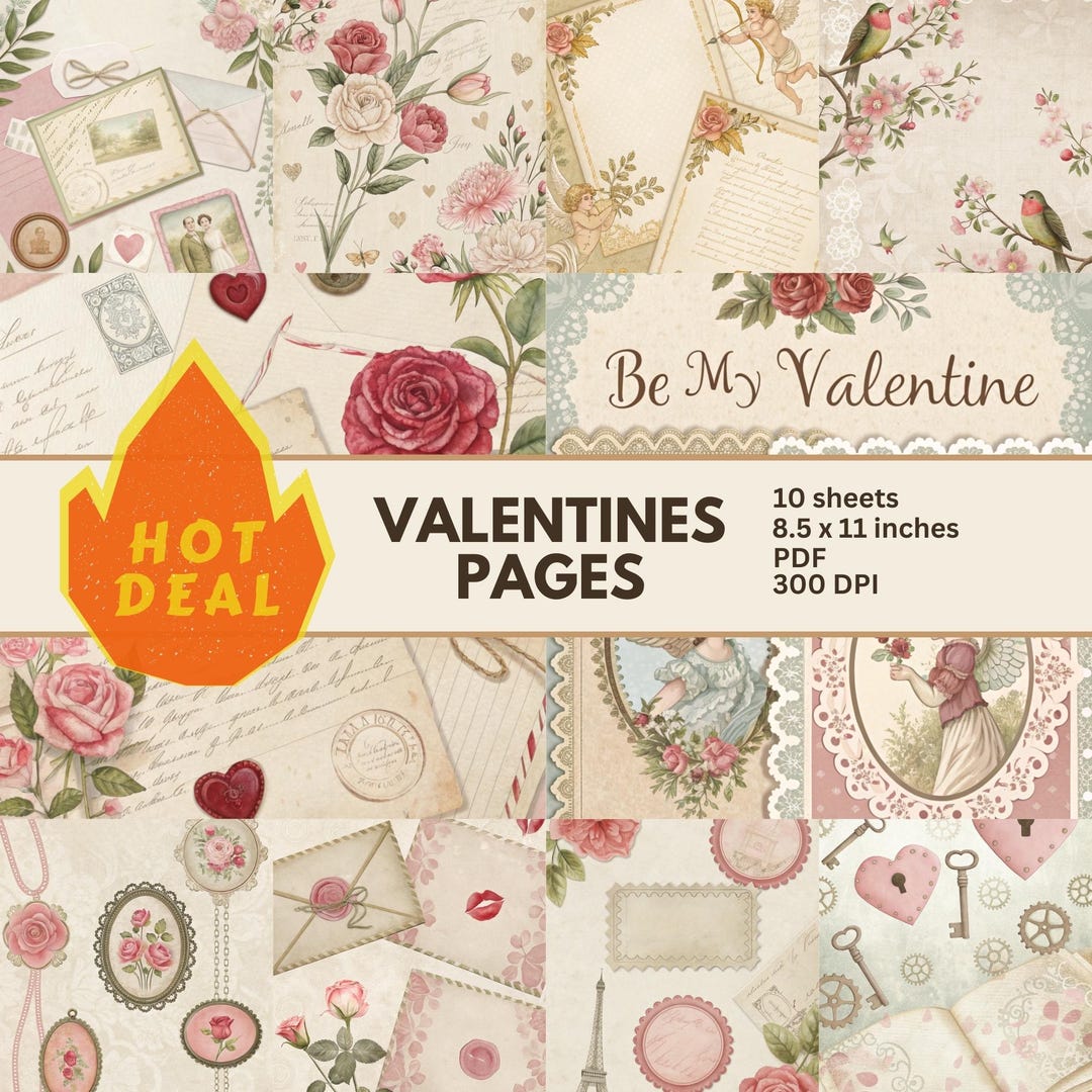 Valentine Papers Junk Journal Love Heart Digital Printable Ephemera ...