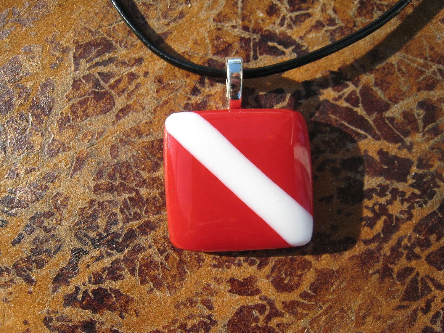 MINI Fused Glass DIVE FLAG Pendant W Adjustable Black Leather Cord ...