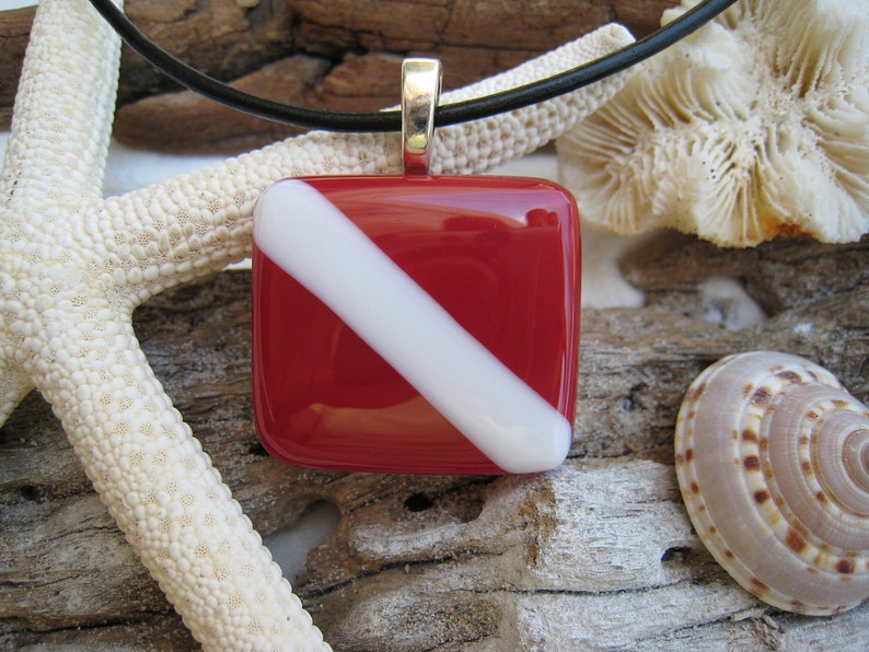 TWO (2) Fused Glass DIVE FLAG Pendants W Adjustable Black Leather Cord ...
