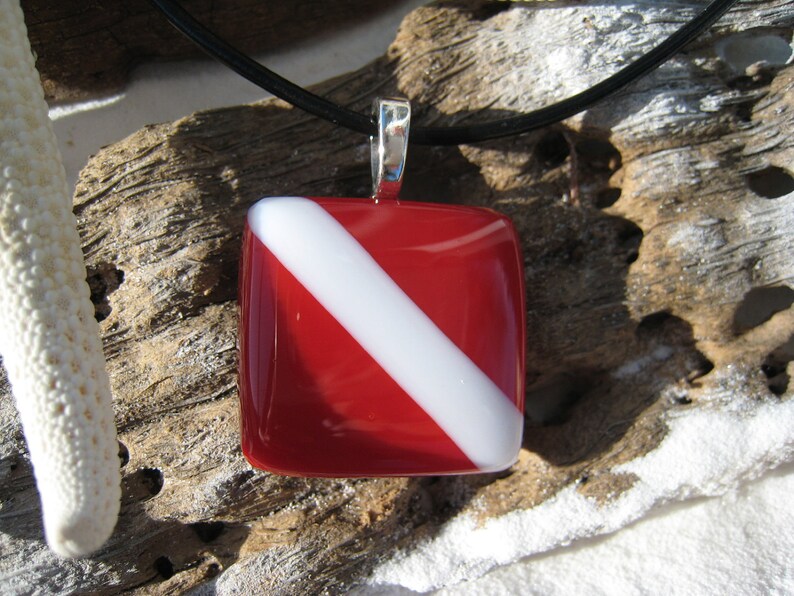 MINI Fused Glass DIVE FLAG Pendant W Adjustable Black Leather Cord ...