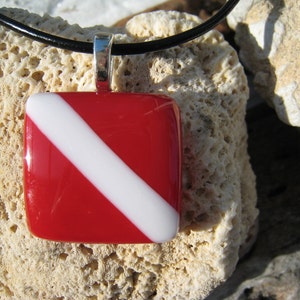 TWO (2) Fused Glass DIVE FLAG Pendants W Adjustable Black Leather Cord ...