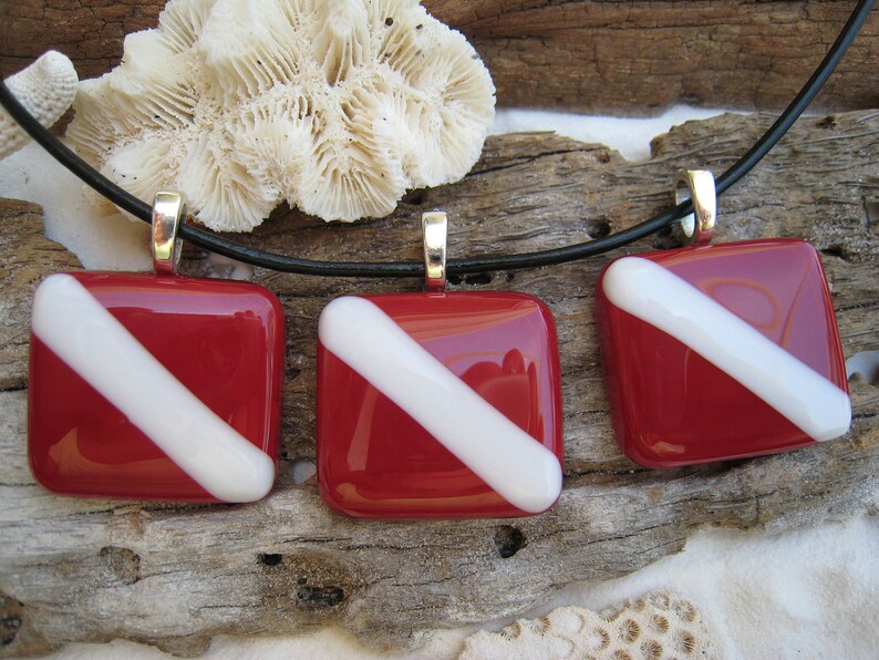 TWO (2) Fused Glass DIVE FLAG Pendants W Adjustable Black Leather Cord ...