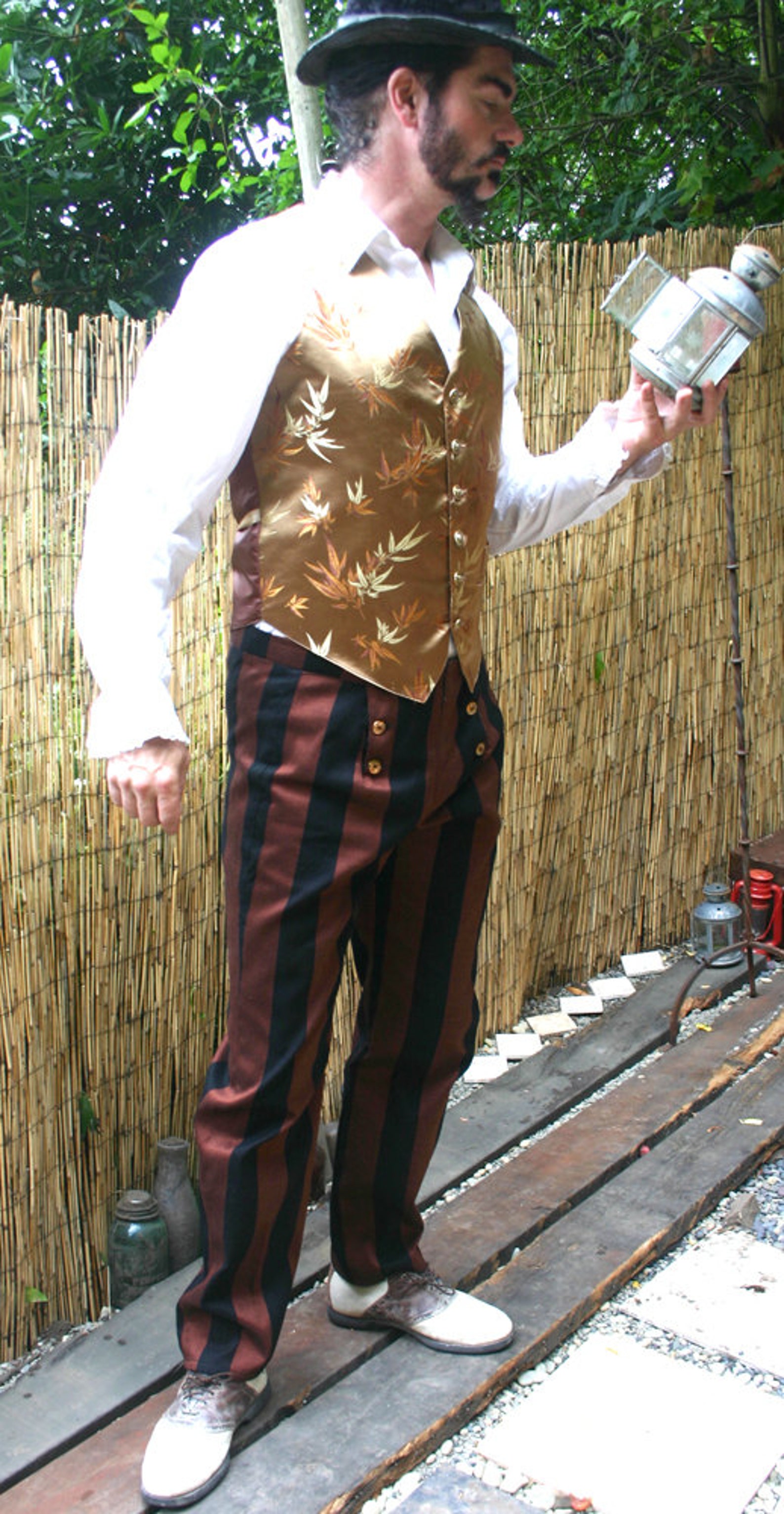 Brown and Black Wide Stripe 6 Button Flap Front Steampunk Tapestry ...