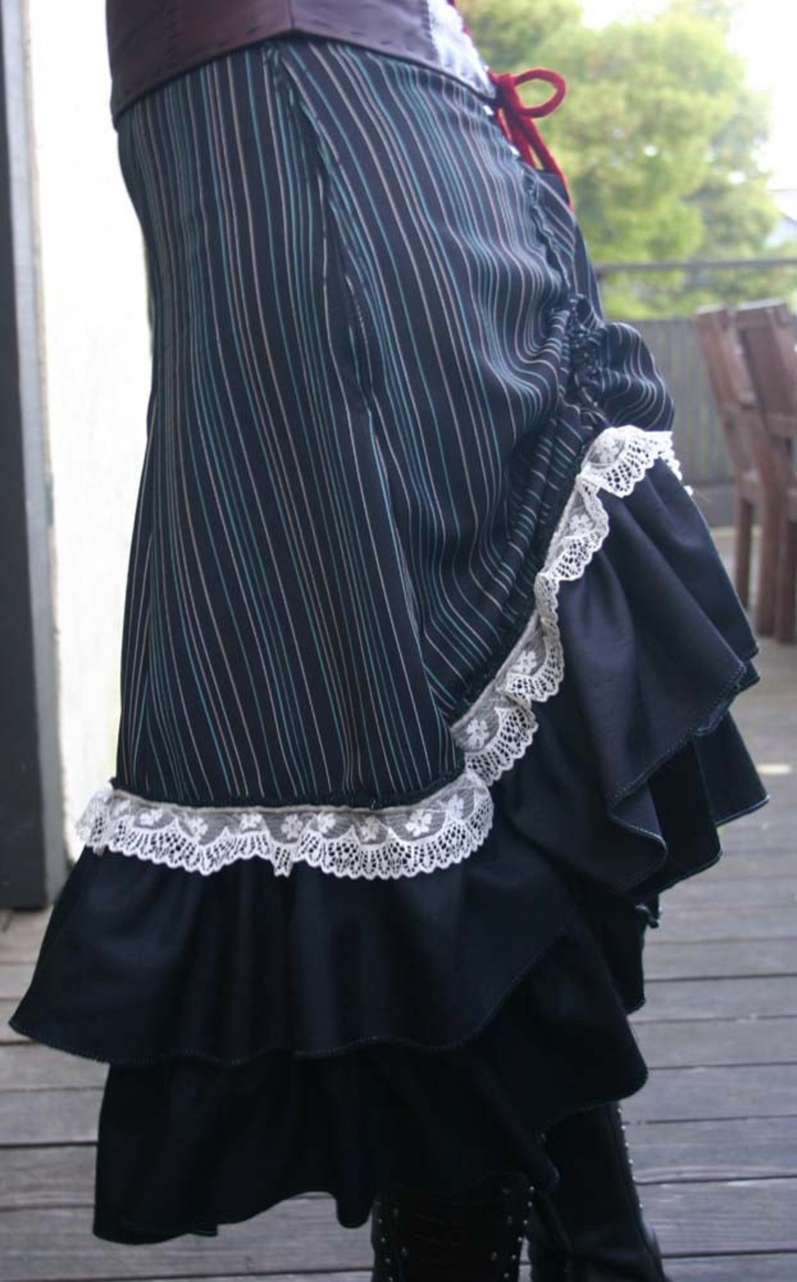 Black Pinstripe Lace Ruffled Bustle Skirt - Etsy