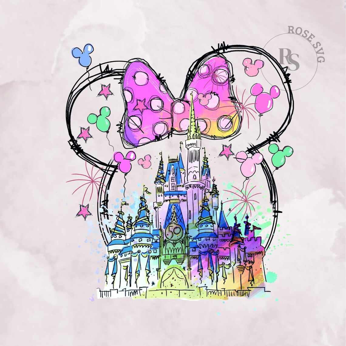 Watercolor Mouse Ear Castle Png, Retro Colorful Png, Sublimation Design ...