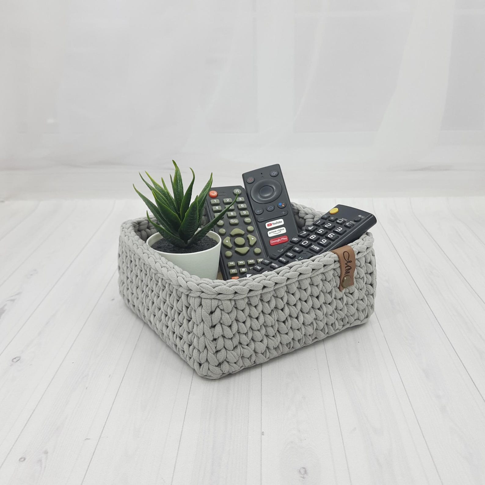 Crochet Cotton Basket: Remote Control Holder, Rustic Gray Nightstand ...