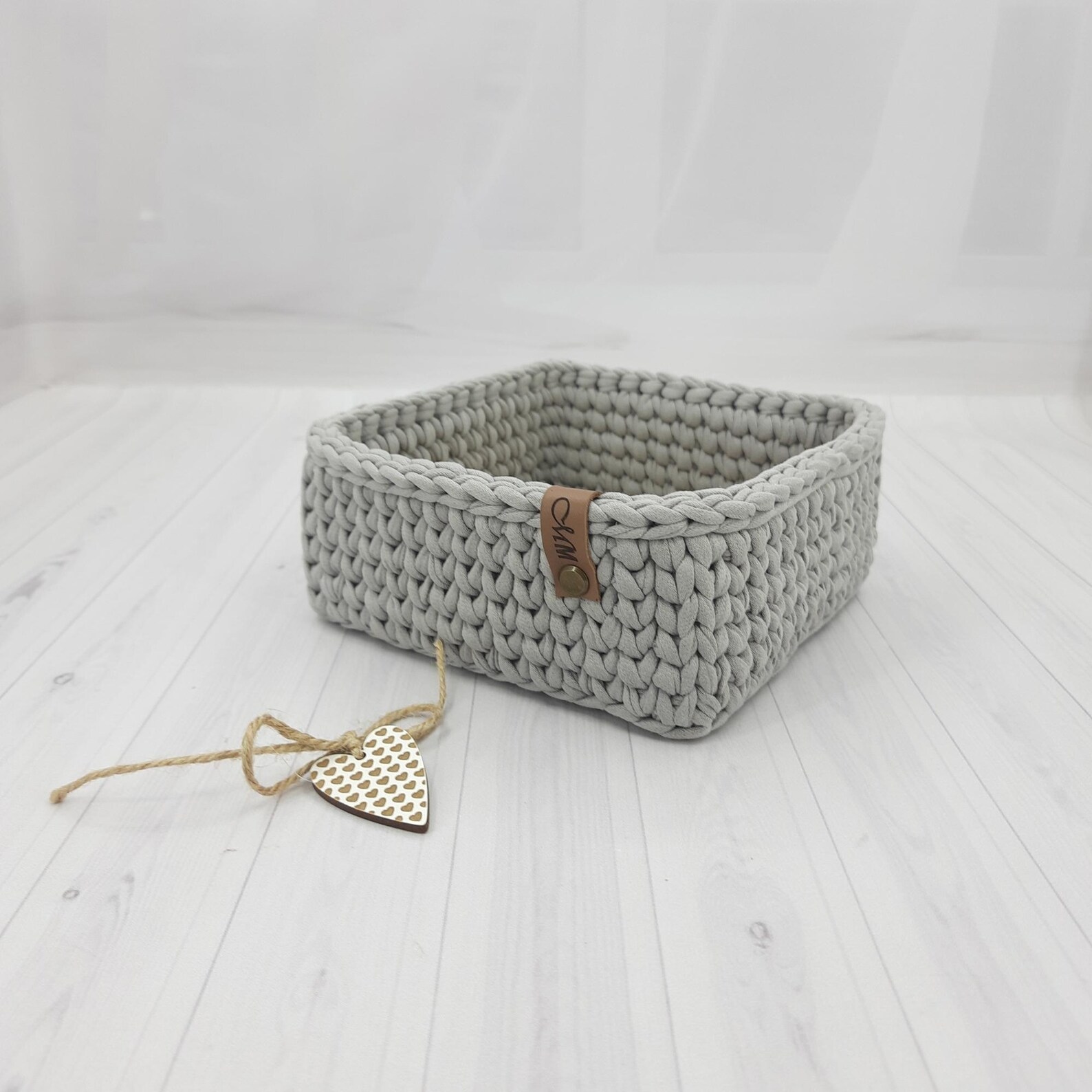 Crochet Cotton Basket: Remote Control Holder, Rustic Gray Nightstand ...