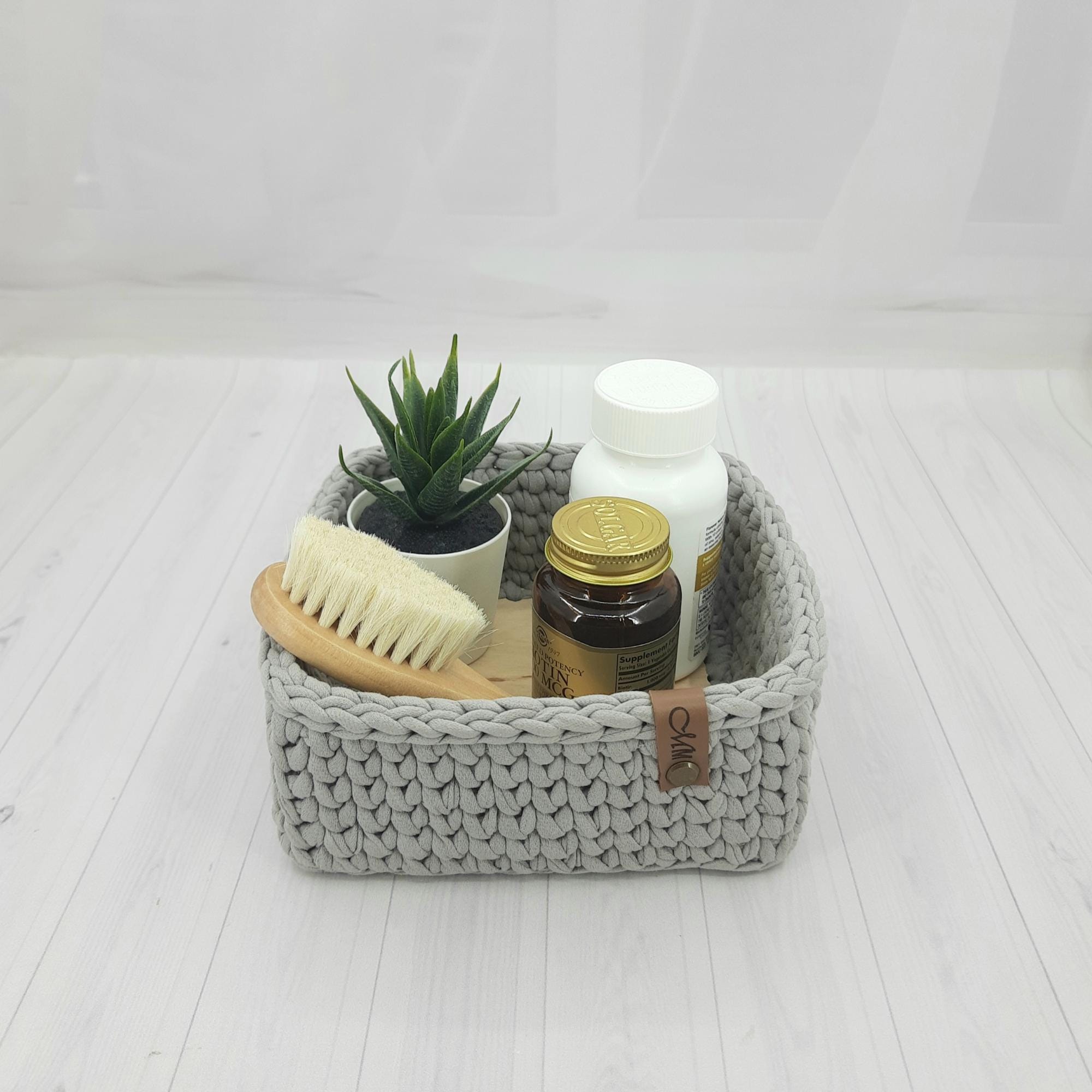 Crochet Cotton Basket: Remote Control Holder, Rustic Gray Nightstand ...