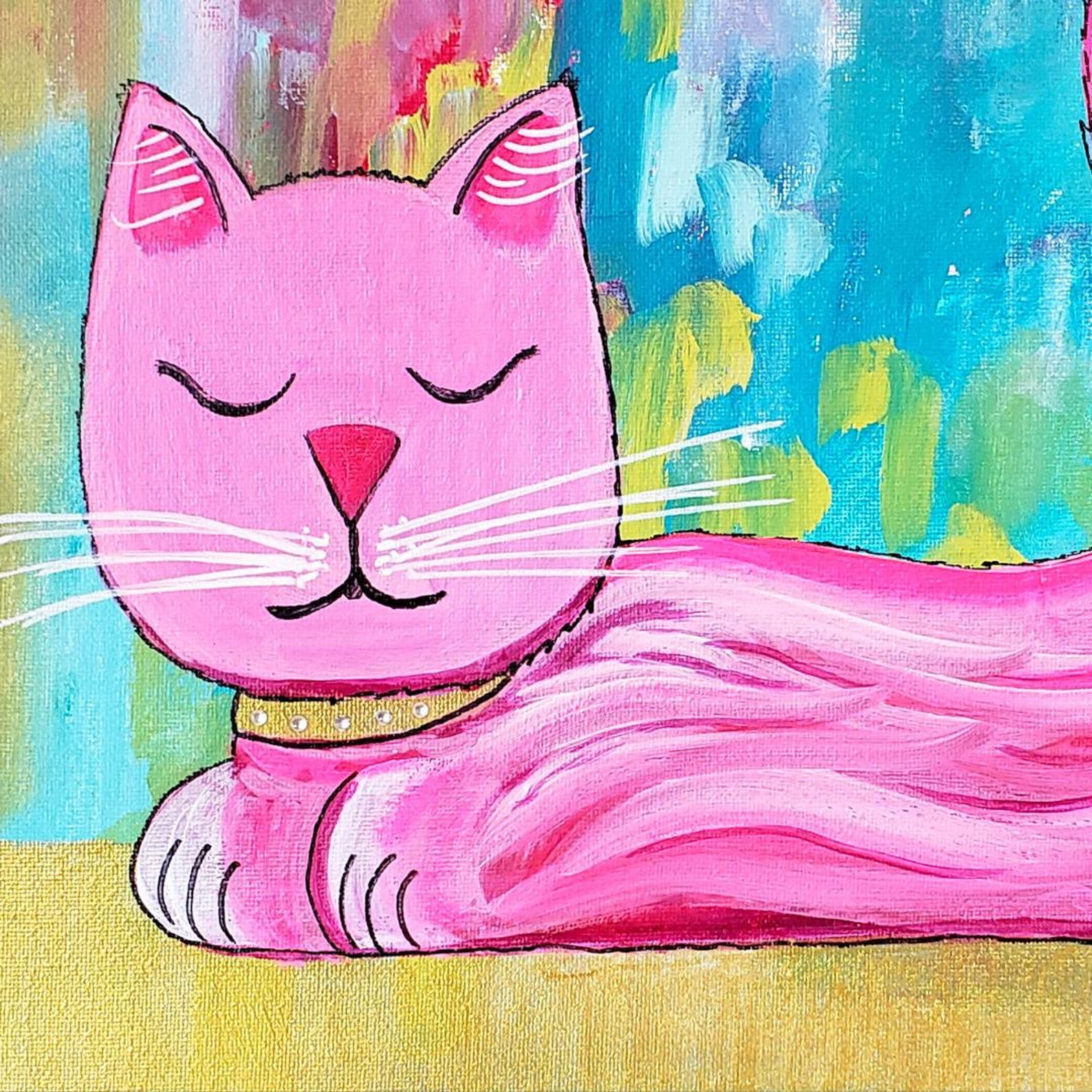 Pink Cat Acrylic Painting: Groovy Boho Art, Swarovski Crystals (12x12 ...