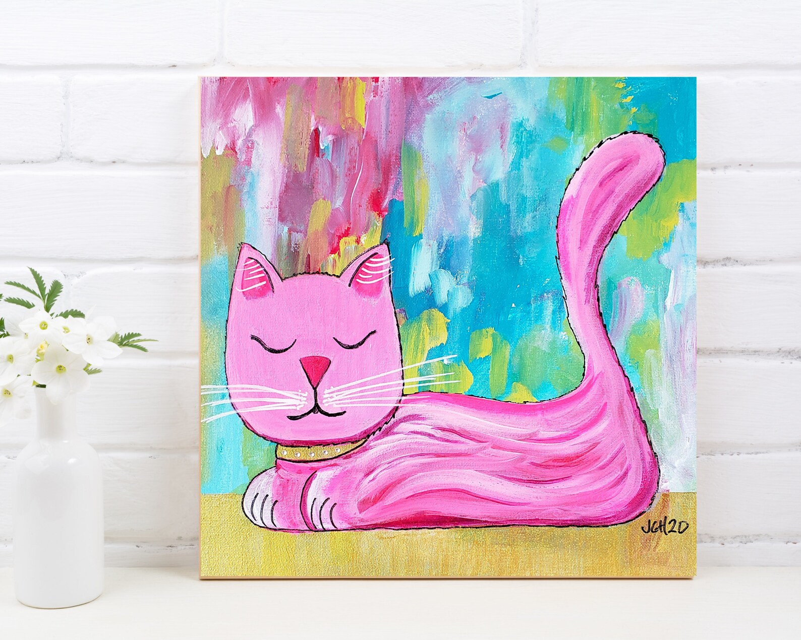 Pink Cat Acrylic Painting: Groovy Boho Art, Swarovski Crystals (12x12 ...