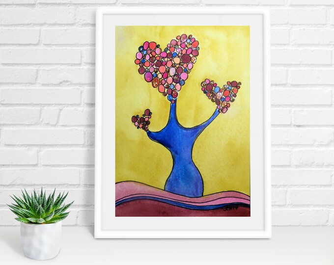 Tree of Life Art Print, Heart, Love, Flowering Tree Painting, Nature ...