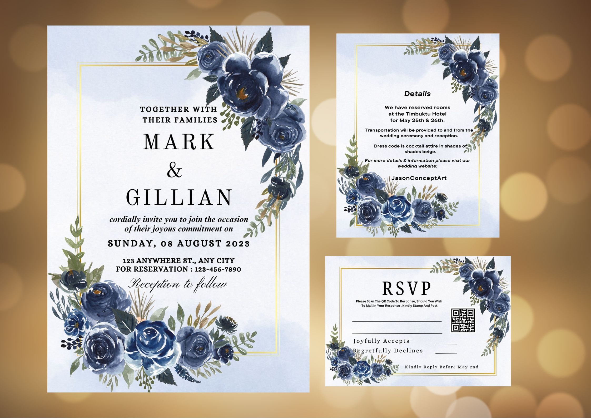 Navy Blue Rose Wedding Invitation 30, Boho Wildflower Wedding, Bohemian ...