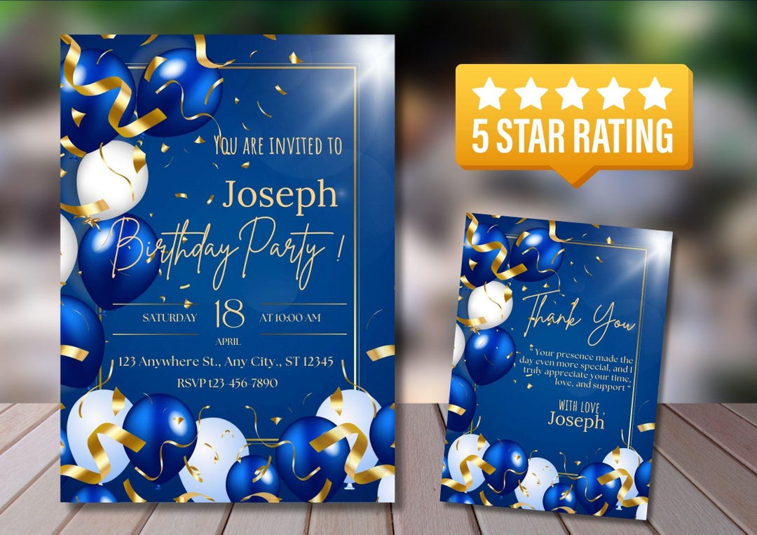 Blue White Balloon Birthday Invitation, Starry Light Blue White Balloon ...