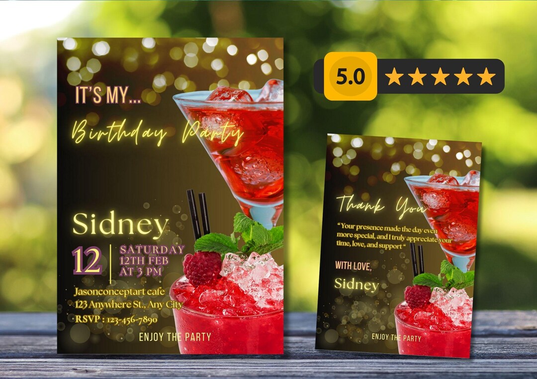 Cocktail Party Birthday Invitation, Cocktail Mocktail Liquor Drink ...