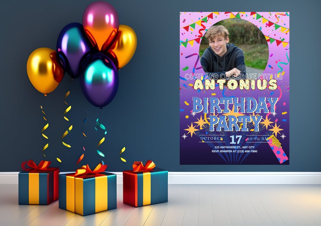 Purple Party Theme Birthday Invitation, Photo Birthday Invitation ...