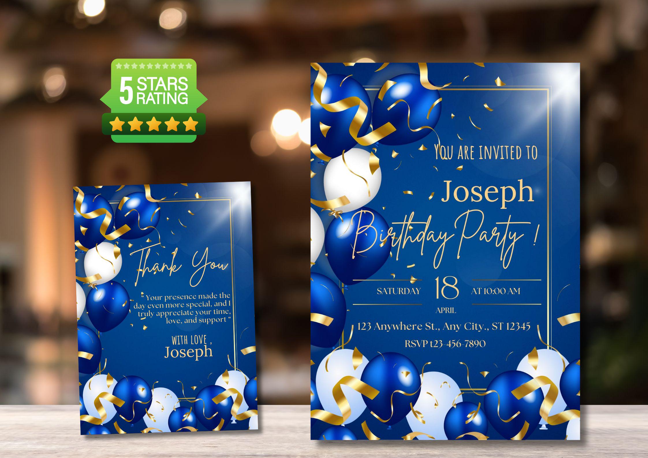 Blue White Balloon Birthday Invitation, Starry Light Blue White Balloon ...