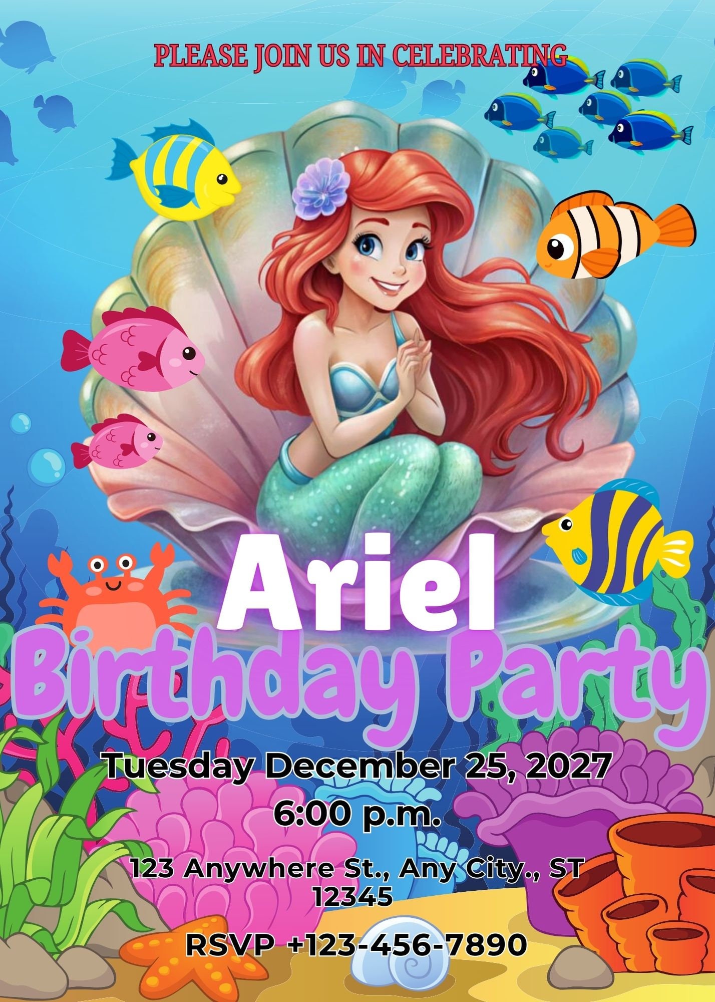 Little Mermaid Birthday Invitation, Princess Ariel Birthday Invitation ...