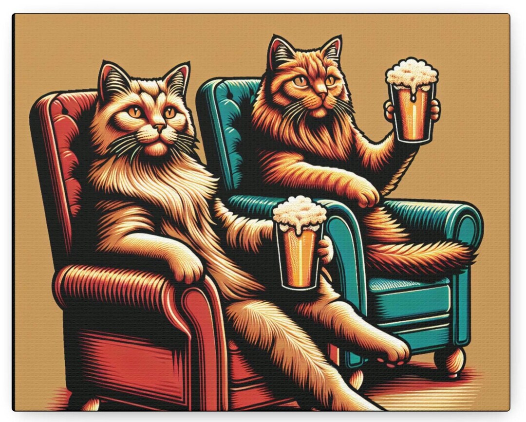 Fun Beer Drinking Cats, Whimsical Cats, Canvas Art Design - Etsy