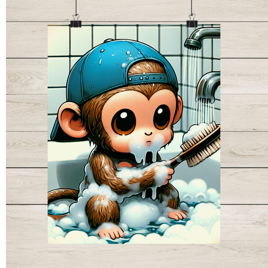 Cute Monkey Bath Time Satin Poster, Funny Kids Room Wall Art - Etsy